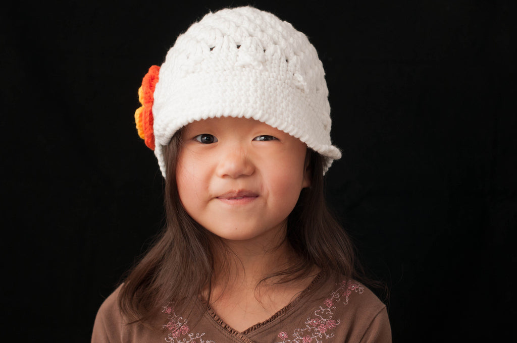 White Crocheted Flower Cap with Orange and Yellow Flower | Sprout Tops